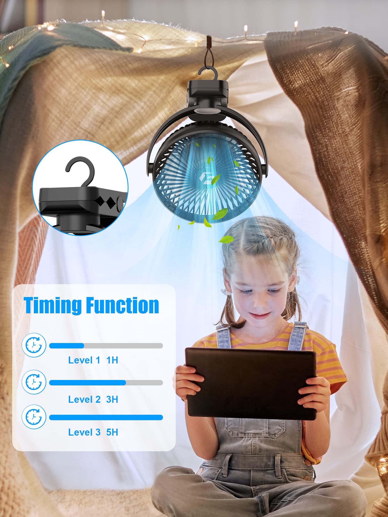 FRIZCOL 12000mAh 8 Inch Portable Clip On Fan,Battery Operated Camping Fan with lights and Remote, USB Fan Small Desk Fan Personal Quiet Fan for Office Stroller Bedroom and Camping