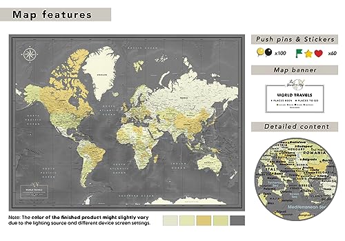 World Map Poster with Pins for Travel Tracking | Push Pin Travel Map Poster for travel tracking (32 x 24)