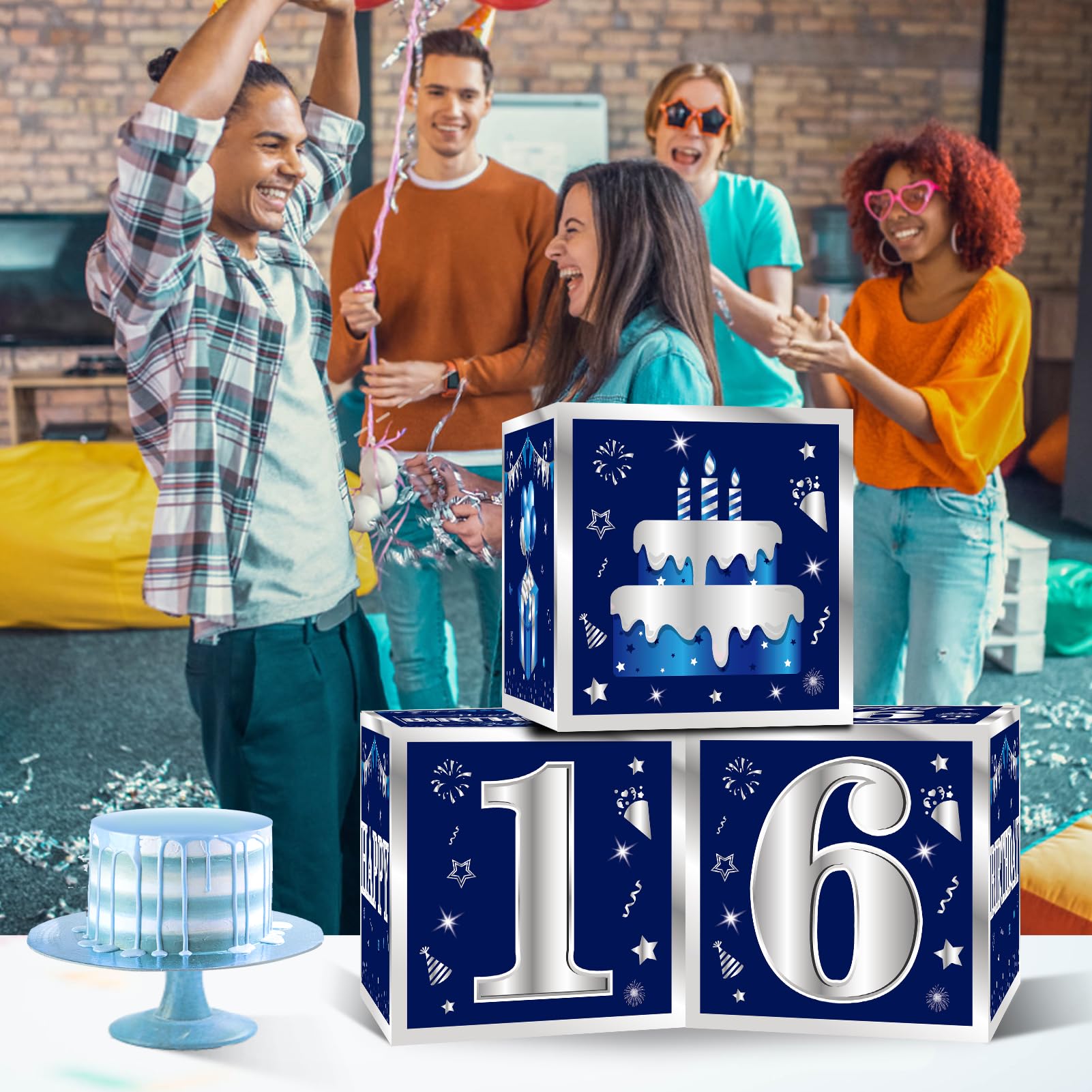 Turypaty 3 Packs Blue Silver 16th Birthday Decorations Boxes for Men Boys, Blue Navy Happy 16 Birthday Balloons Boxes Party Supplies, Sixteenth Years Old Bday Cardboard Box Decoration
