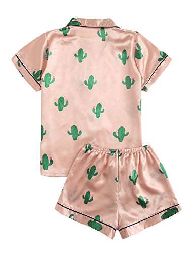 SweatyRocks Women's Short Sleeve Sleepwear Button Down Satin 2 Piece Pajama Set Pink Small