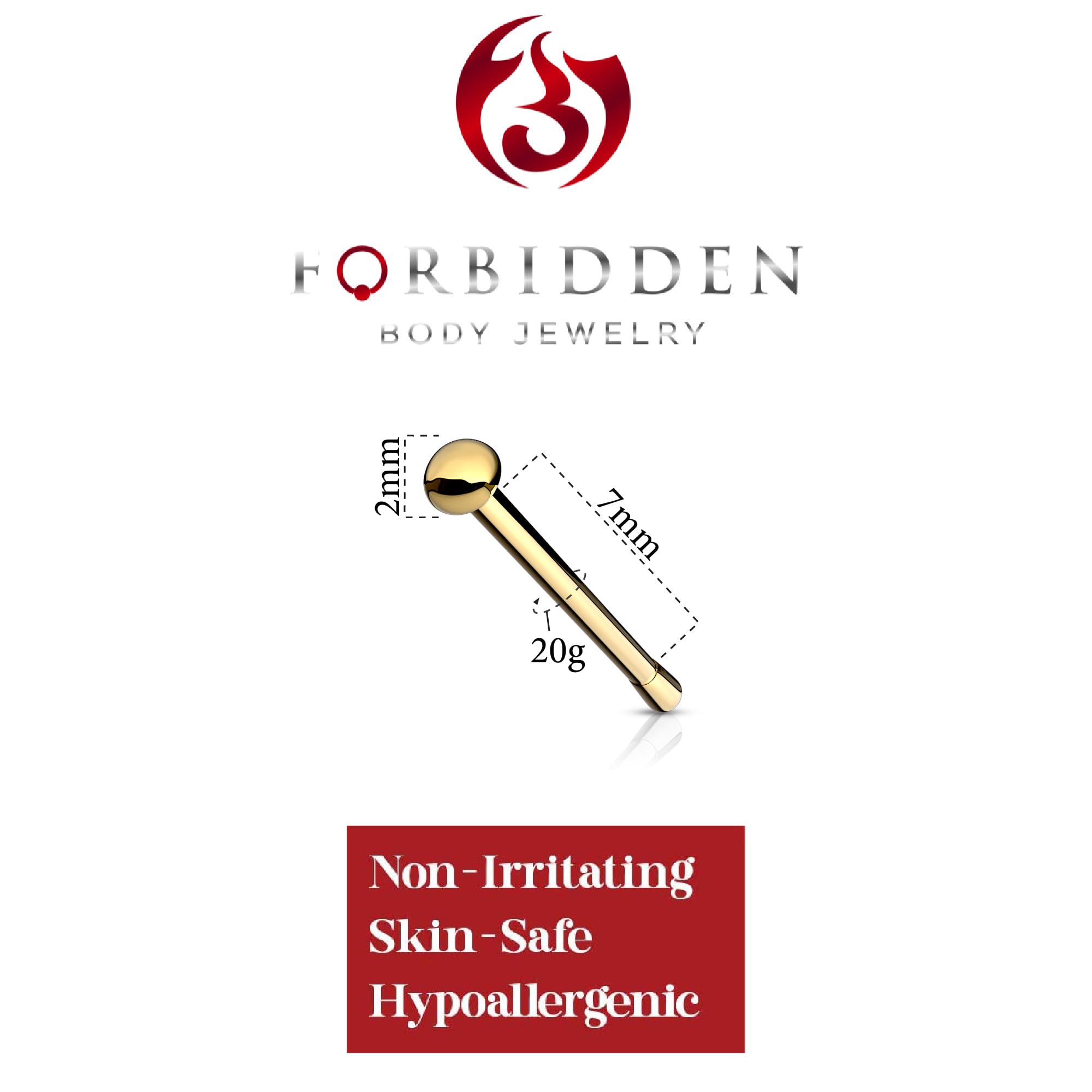 Forbidden Body Jewelry 20g IP Plated 2mm Basic Dome Top Gold Surgical Steel Nose Stud