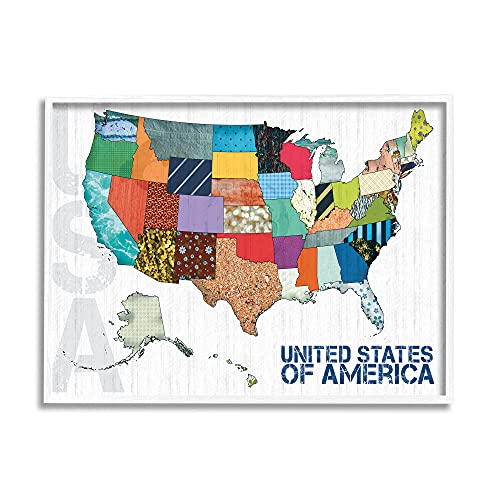 Stupell Industries United States of America Map Quilted Pattern Borders, Designed by Lauren Gibbons White Framed Wall Art, 11 x 14, Multi-Color