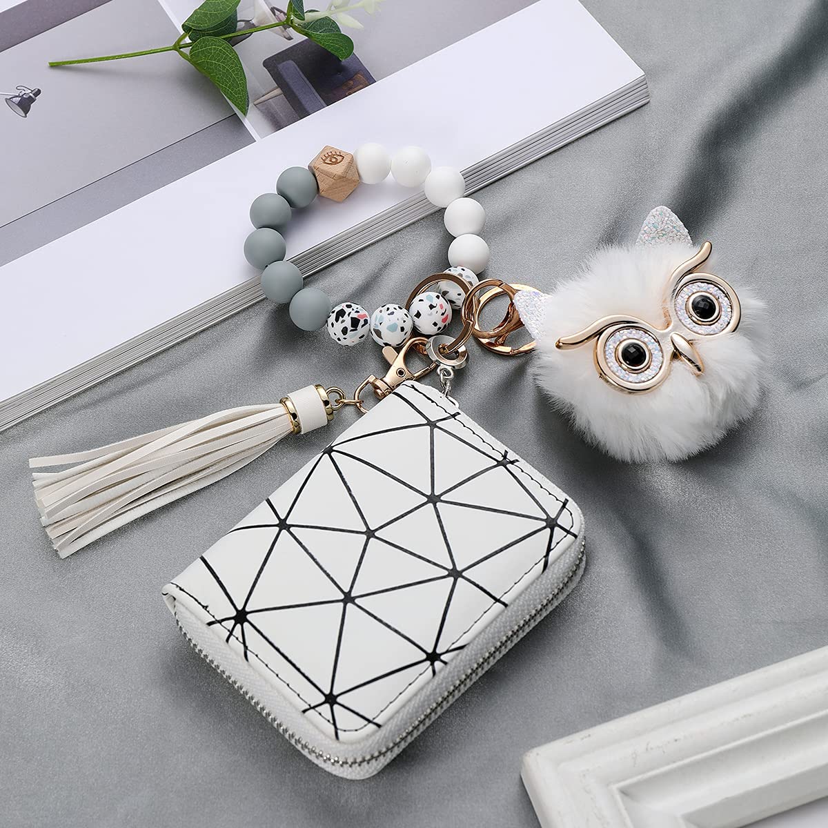 GYLBF Wristlet Keychain Bracelet Wallet, Silicone Beaded Bangle Keyring Tassel for Women, with Cute Owl Pom Pom Keychain, White