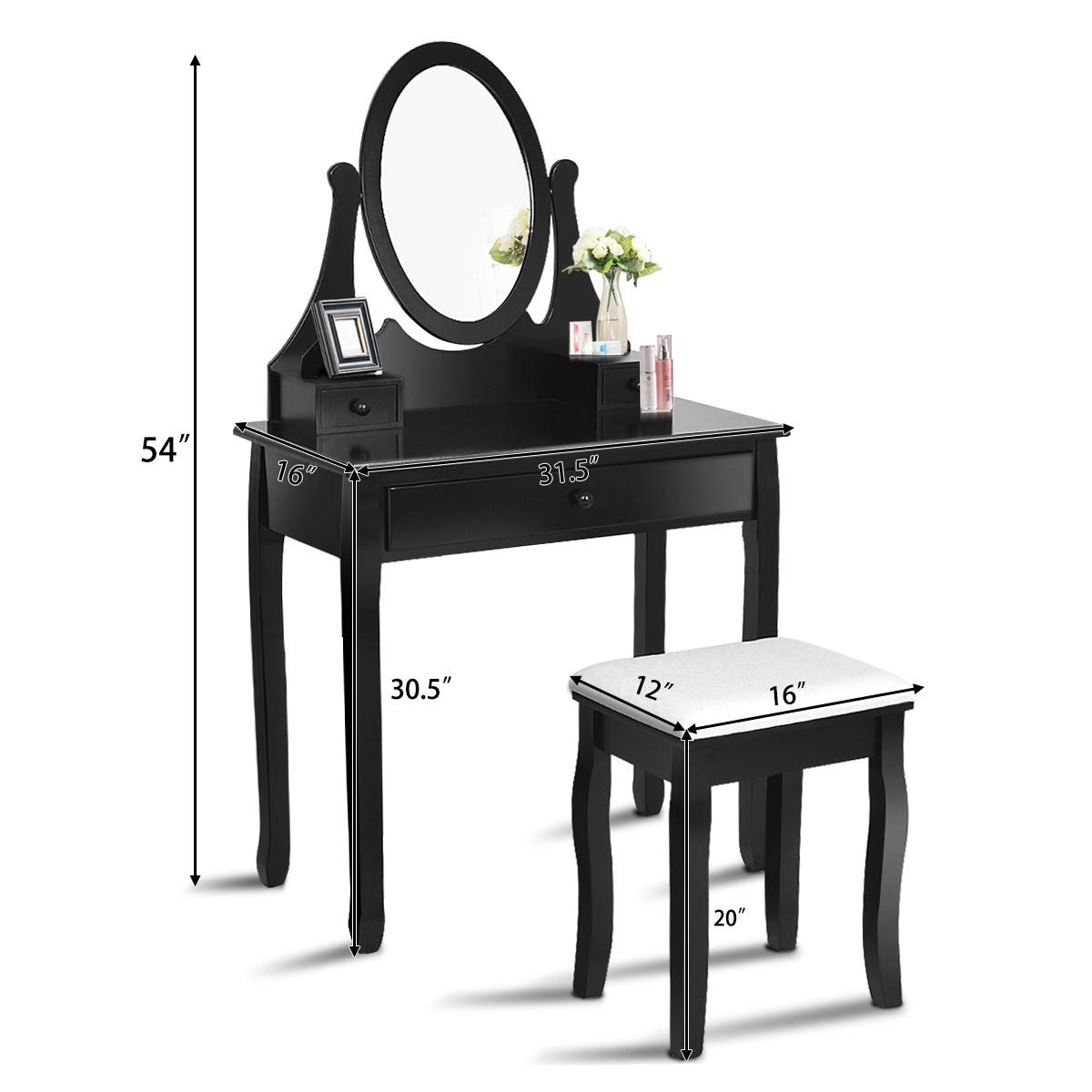 GOFLAME Vanity Dressing Table Set with Cushioned Stool & 360° Adjustable Mirror, Multifunction Makeup Dressing Table Writing Desk with 3 Drawers, for Home Office, Contemporary Vanity Tables (White)