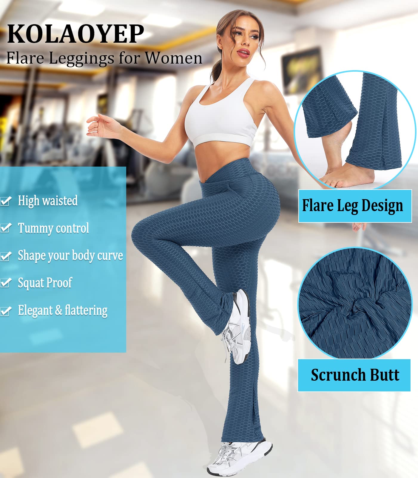 KOLAOYEP Flare Leggings with Pockets for Women Tummy Control Butt Lifting Crossover Bootcut Yoga Pants