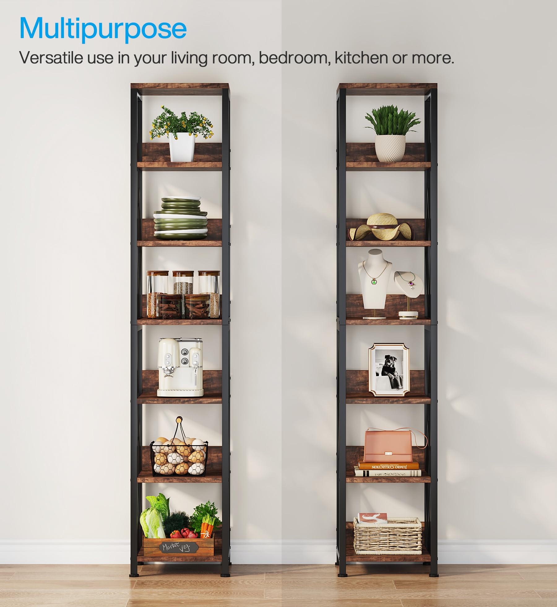 Tribesigns 6-Tier Bookshelf Storage Shelves: 75 Inches Tall Narrow Bookcase with Heavy Duty Metal Frame, Skinny Open Storage Display Rack for Living Room, Bedroom, Kitchen, Bathroom, Brown