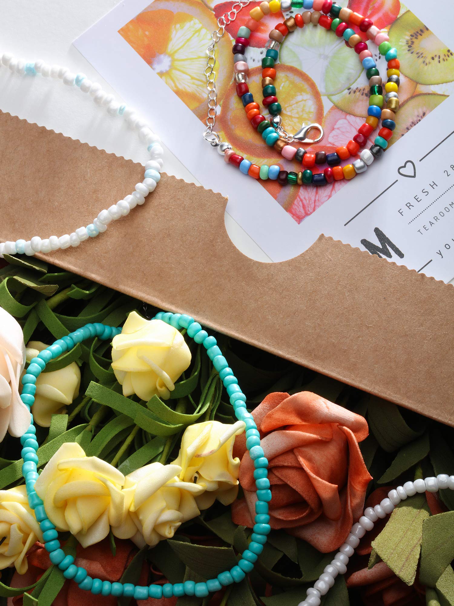 Hicarer Women Bead Choker Necklace Colorful Bohemian Seed Bead Chain Women Boho Hawaiian Tiny White Turquoise Layered Collar