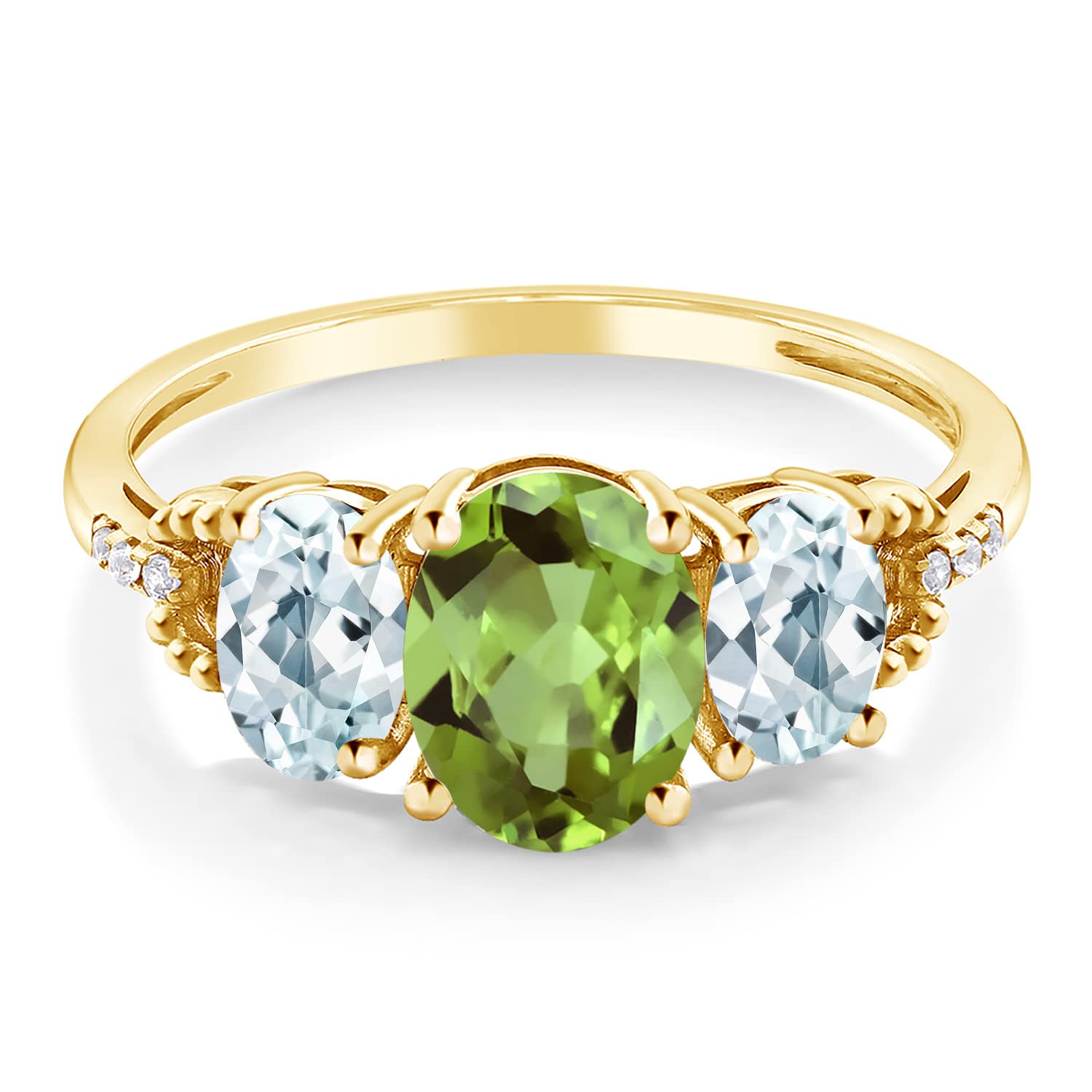 Gem Stone King 10K Yellow Gold Oval Green Peridot and Sky Blue Aquamarine Ring For Women (2.46 Cttw, Gemstone Birthstone) (Size 6)