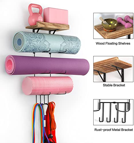 VINAEMO Yoga Mat Holder Accessories Wall Mount Organizer Storage Decor Foam Roller and Towel Storage Rack with 4 Hooks and Wooden Shelves Yoga Mats Rack Block Resistance Bands for Home Gym School
