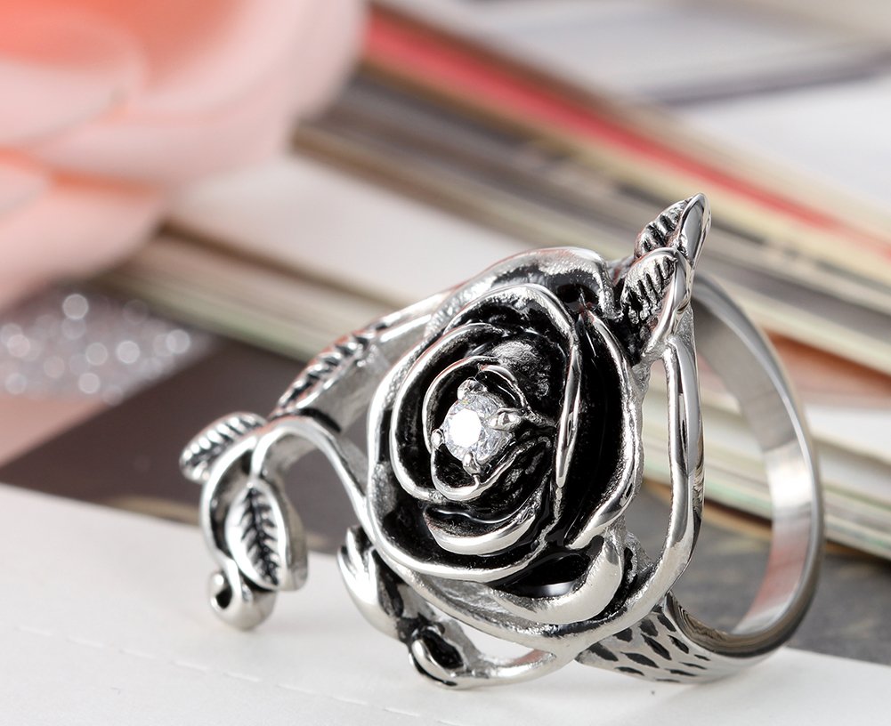 Flongo Womens Ladies Gothic Stainless Steel Rose Flower Vine Band Ring, Size 8