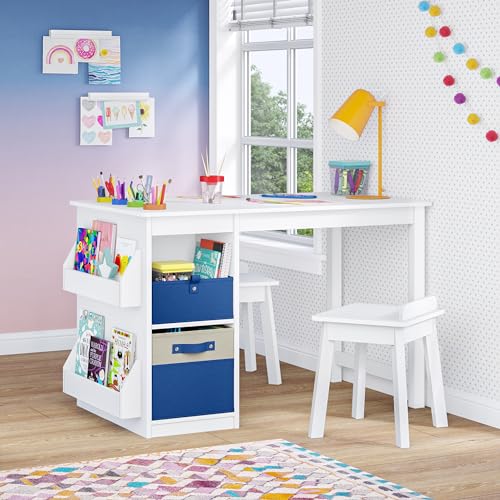 RiverRidge Kids Art Activity Table with 4 Blue Storage Bins & Book Racks - Versatile Kids Desk & Sensory Table with Cubbies