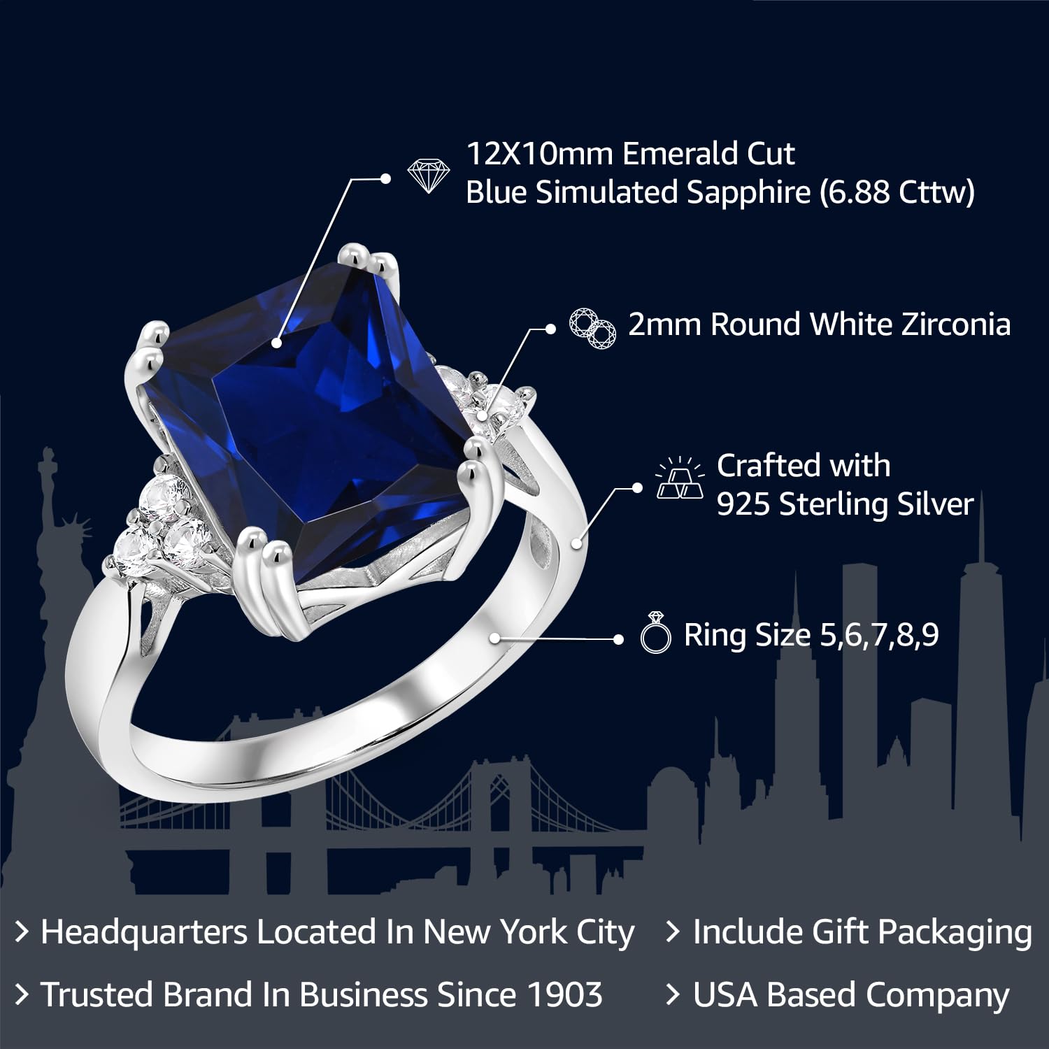 Gem Stone King 925 Sterling Silver 12X10MM Emerald Cut Gemstone Birthstone Engagement Ring | Wedding Anniversary Promise Ring For Women | Available In Size 5, 6, 7, 8, 9