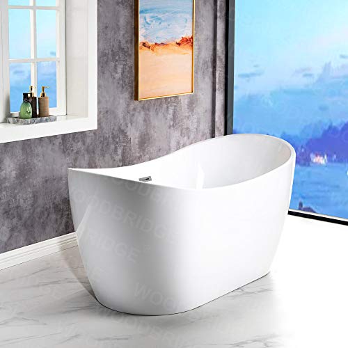 WOODBRIDGE 59" Acrylic Freestanding Bathtub Contemporary Soaking White Tub with Chrome Overflow and Drain,B0016 -C-Drain &O