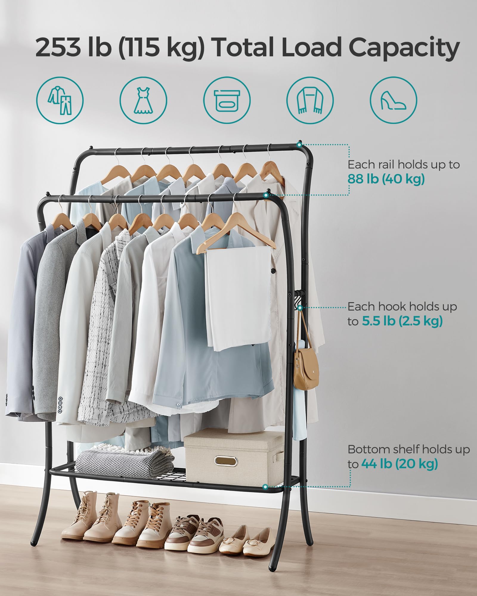 SONGMICS Clothes Rack, Clothing Rack with Shelves, Garment Racks Heavy Duty, Double Rod Clothes Rack with 6 Hooks, Clothes Storage and Display, for Living Room, Bedroom, Ink Black UHSR109B01