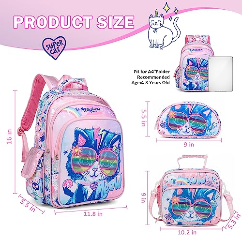 Robhomily Girls Backpack with Lunch Box for Elementary School Preschool Kindergarten,16 Inch Cute Cat Kids Backpack with Lunch Bags Sets for Girls,Pink School Backpack