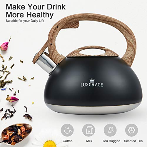 Whistling Tea Kettle Stainless Steel Teapot, Teakettle for Stovetop Induction Stove Top, Fast Boiling Heat Water Tea Pot 2.2 Quart(Black)