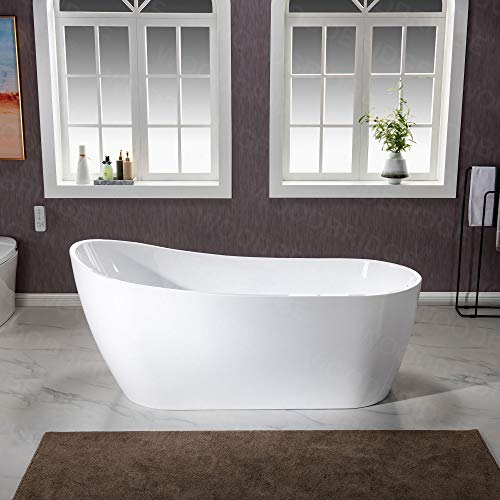 WOODBRIDGE 67"Freestanding White Acylic Soaking Bathtub with White Pillow,Drain and Overflow in Brushed Gold,BTA1508 -BG-Drain &O+ Pillow