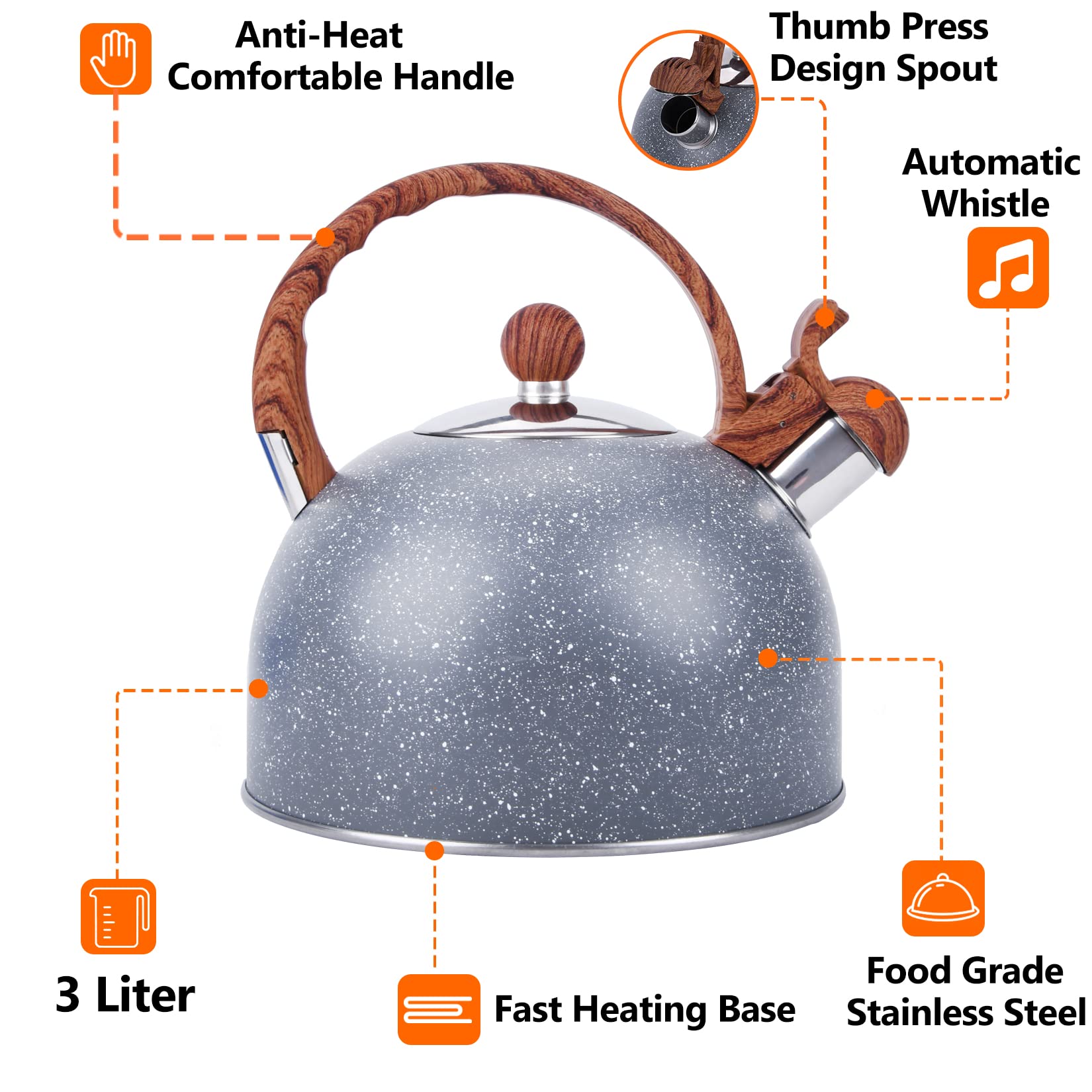 Foedo Tea Kettle for Stove Top, 102 OZ / 3 Liter Tea Pots for Stove Top, Whistling Tea Kettle Food Grade Stainless Steel with Wood Pattern Handle for Tea, Coffee, Milk(Grey)
