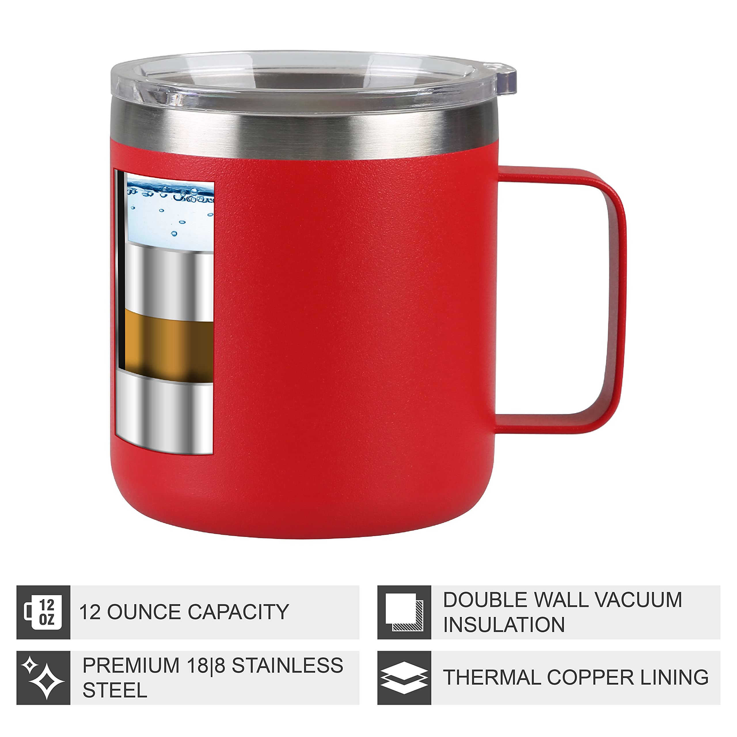 TAHOE TRAILS 12 oz Insulated Stainless Steel Coffee Mug, Vacuum Insulated Double Wall Travel Cup with Lid and Handle, Red