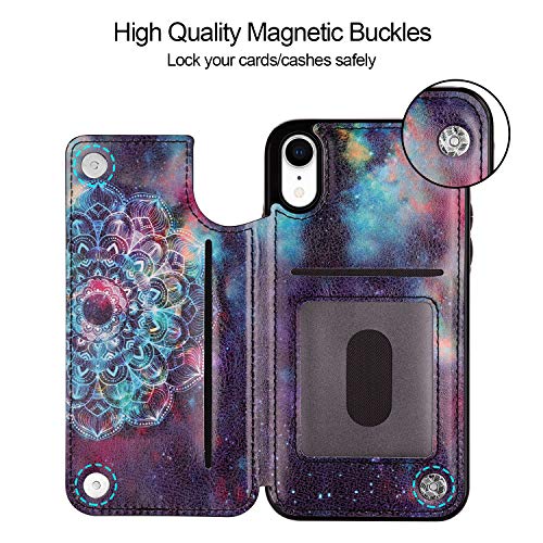 HianDier Wallet Case for iPhone XR, Slim Protective Case with Credit Card Slot Holder Flip Folio Soft PU Leather Magnetic Closure Cover Case Compatible with iPhone XR 6.1 Inches, Mandala