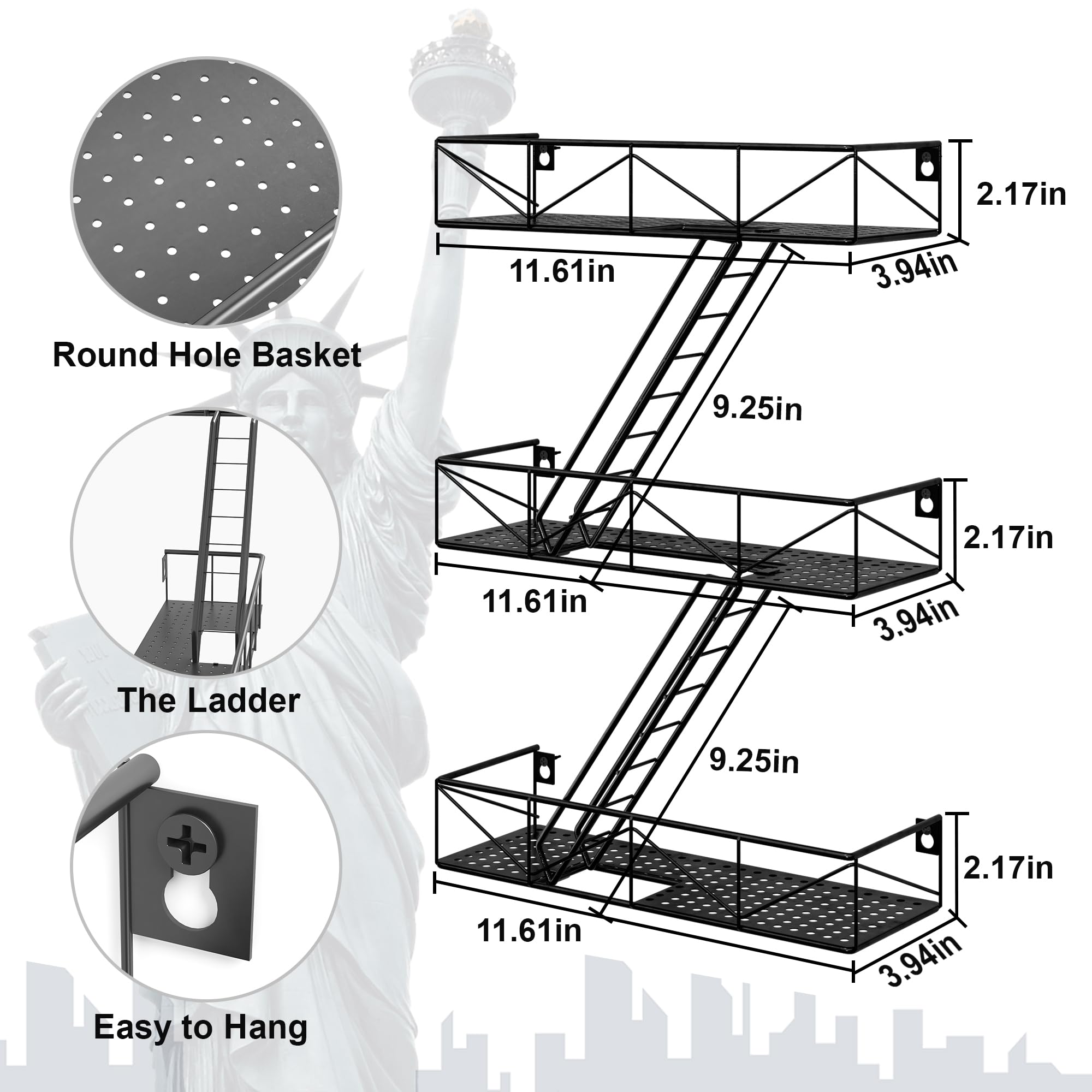 Sumbame Fire Escape Wall Shelf - 3 Tier New York Metal Ladder Shelf, Storage Black Decorative Shelves, Unique Decor Display Shelf for Living Room, Bathroom, Study Room, Funky Home