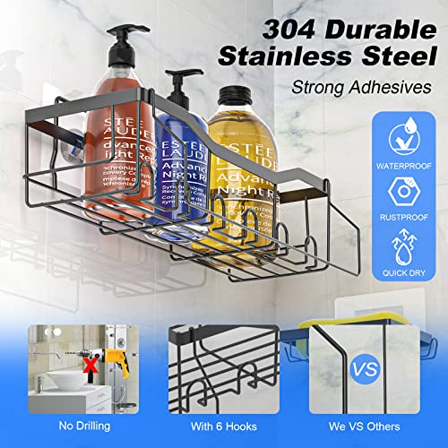 Shower Caddy,Adhesive Shower Organizer,Rustproof Stainless Steel Shower Shelves,Shower Shelf for Inside Shower, No Drilling Rustproof Bathroom Shower Caddy Basket Shelf with Soap Holder and 4 Hooks