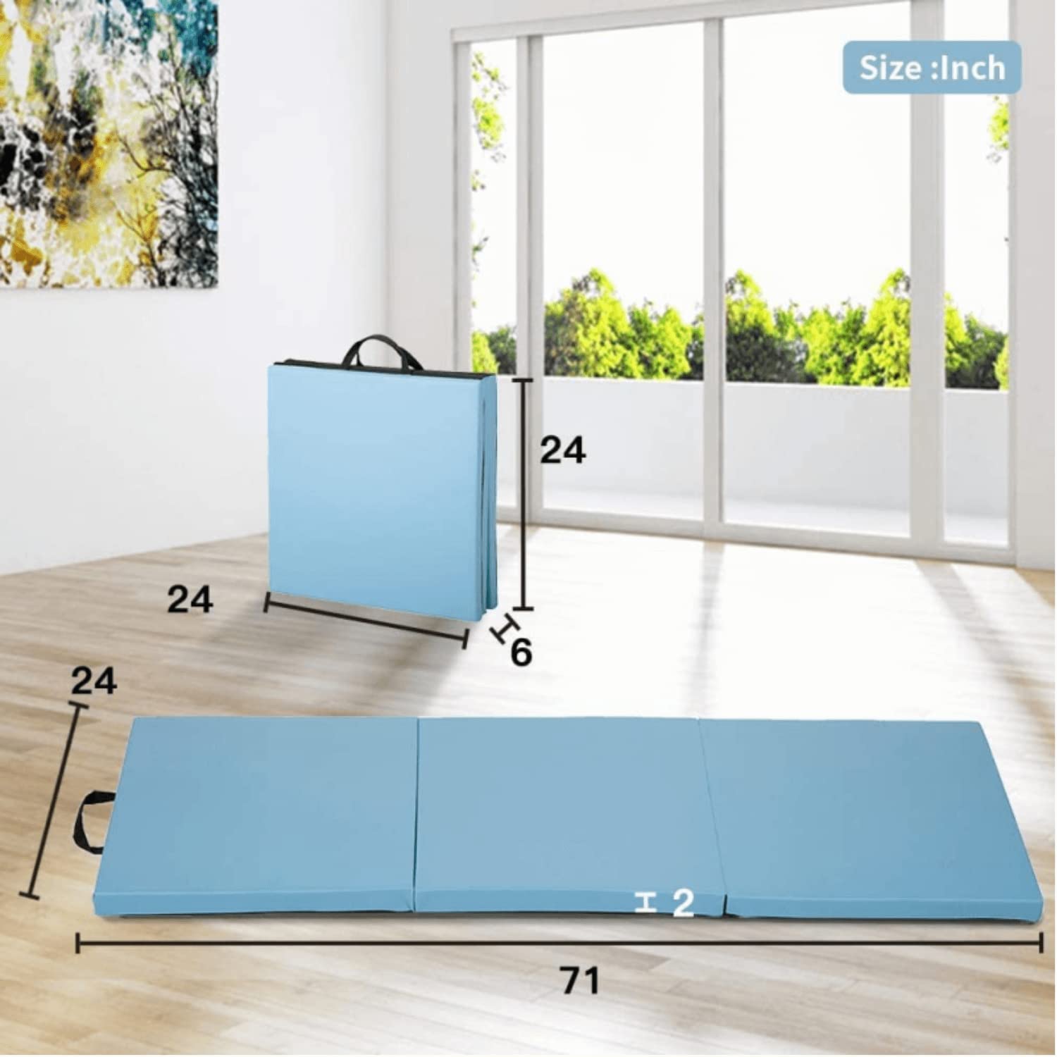 Gymnastics Mat Exercise Mats Workout Mat with Carrying Handle, Anti-Tear Lightweight Exercise Mat Folding Extra Thick Tumbling Mats Indoor/Outdoor Gymnastics Equipment for Kids Adults, Blue