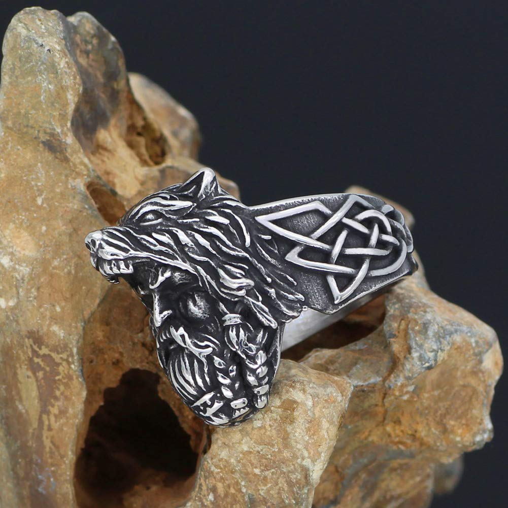 GuoShuang Nordic Viking Amulet Odin face Wolf Geri and Freki Amulet Stainless Steel Ring with Valknut Rune Gift Bag