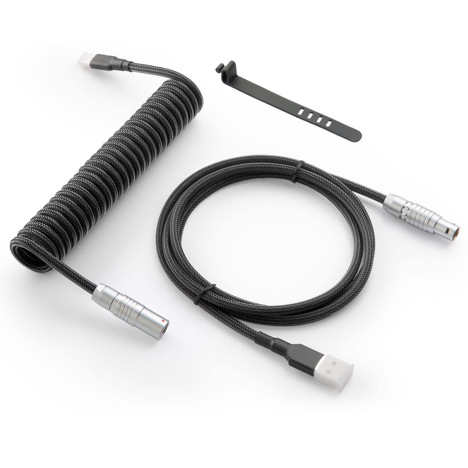 GUNMJO Pro Custom Coiled USB C Cable for Gaming Keyboard, Double-Sleeved Mechanical Keyboard Cable with Slim Type Detachable Metal Aviator, 1.5M USB-C to USB-A, Carbon Black Color
