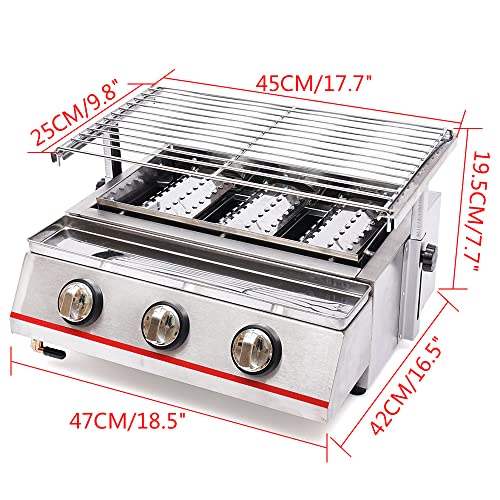 Portable Gas Grill, 2/3-Burner LPG Gas BBQ Grills Tabletop Smokeless Outdoor Barbecue Cooker, 2800Pa Propane Burners - Adjustable Height|2/30,000 BTU (3 Burner)