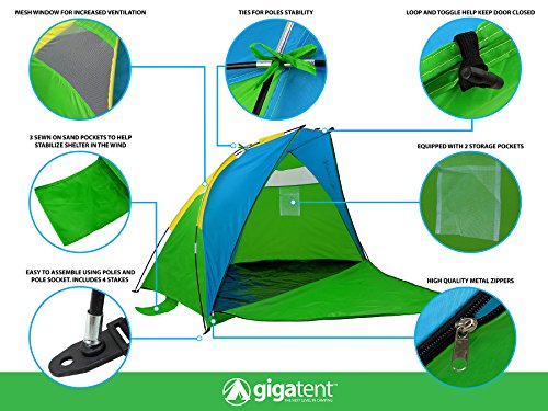 GigaTent Sun Shelter Beach Cabana Tent – Instant Set Up, UV Resistant, Waterproof - 7’ x 4’ with Mesh Windows - Zipper Door Doubles as Floor Extension