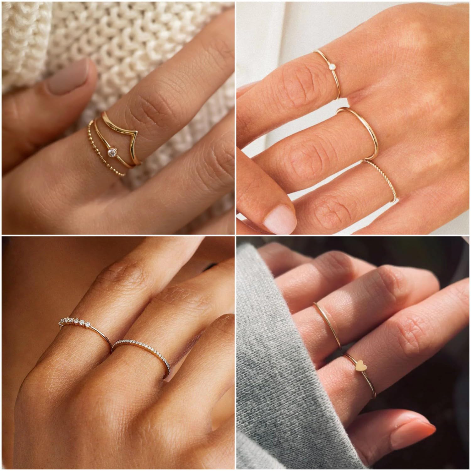 Honsny 8PCS 14K Gold Plated Rings for Women, Dainty Gold CZ Cross Heart Stackable Rings Stacking Band Ring Set for Women Size 4-11