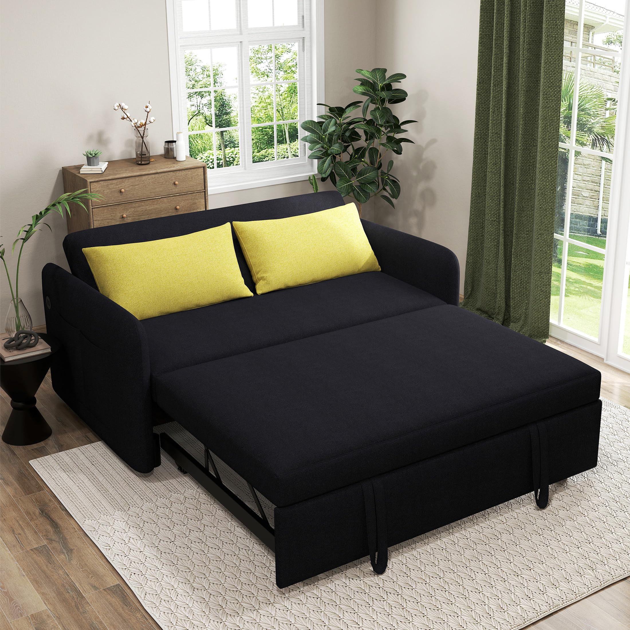SumKea Loveseat Sleeper, Velvet Convertible Futon Bed, with Adjustable Backrest, Pillows, Pockets for Living Room, Apartment, 3-in-1 55.8", Blue