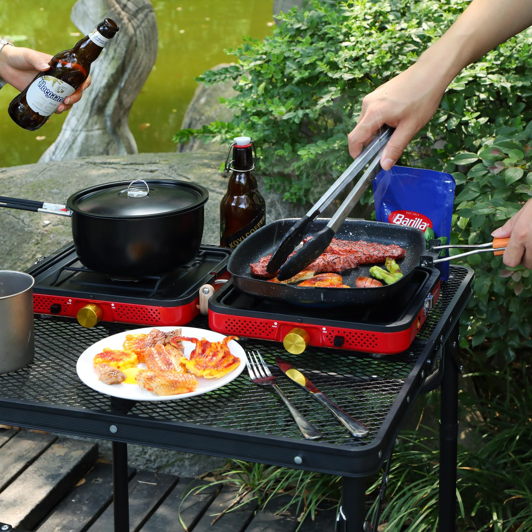 REDCAMP Nonstick Grill Pan with Folding Handle for Stove Tops, Versatile Griddle with Pour Spouts, Durable Skillet Indoor & Outdoor Grilling, Black Steak Pan, Compatible with All Stovetops,11(L)x9(W)