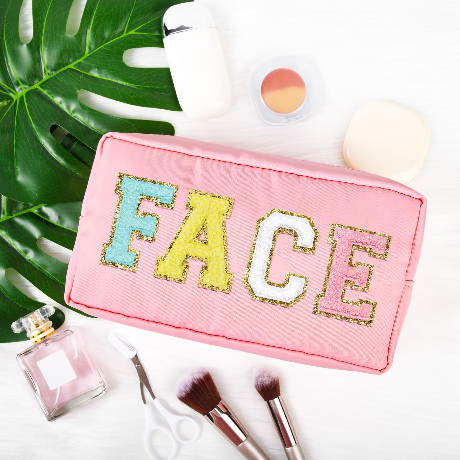 Nylon Preppy Makeup Bag Stuff Cosmetic Bag Pink Makeup Pouch with Chenille Varsity Letter Patch Travel Toiletry Bag Organizer Cute Makeup Brushes Storage Bag for Women