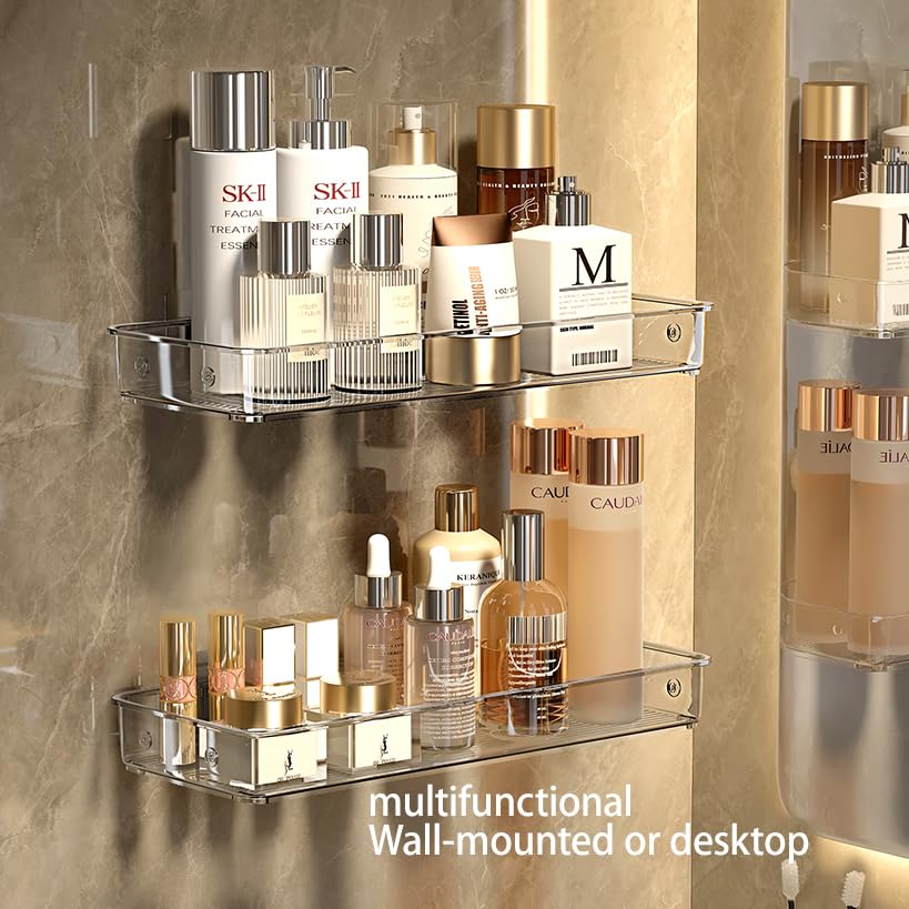 zeochyni Adhesive Shower Caddy Shelf, 2 Tier Floating Shelves for Bathroom Organizer & Wall Storage Home Decor, No Drilling Hang Walls Adhesive Shelf or Bathroom Counter Organizer (Clear)