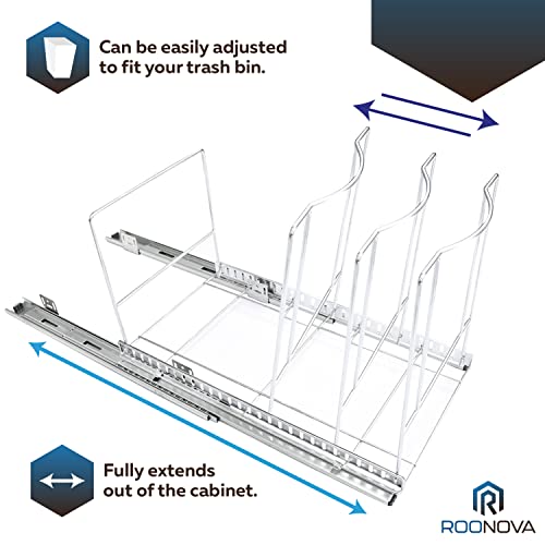 ROONOVA: Pull Out Bin Rack | Durable Chrome Finish & Adjustable Frame | Heavy Duty Steel | Slides Under Kitchen Cabinet | Trash Can Clips | Compatible with Various Size Bin | Trash Can Not Included