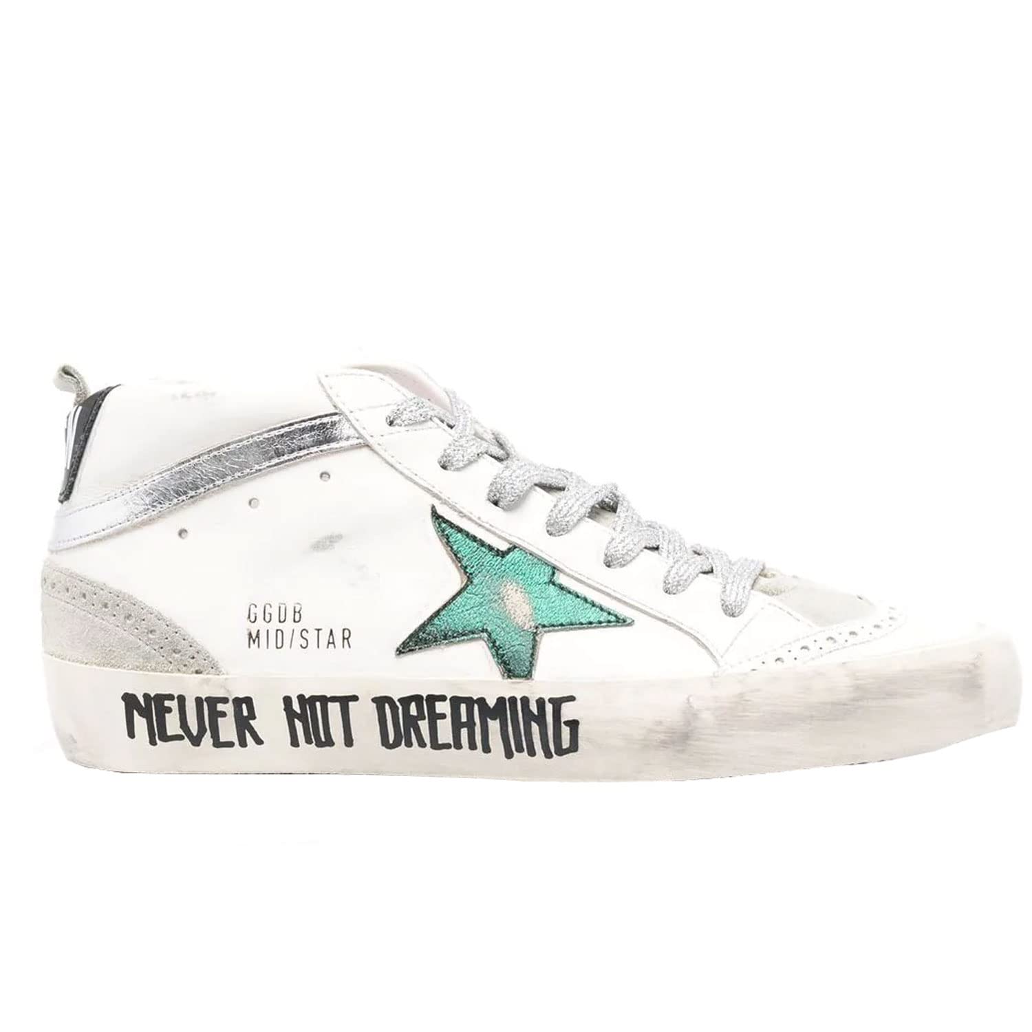Golden Goose Mid Star Leather Upper Vintage Laminated Star Laminated Wave Suede Spur Signature Foxing Womens Distressed Sneakers-38 White