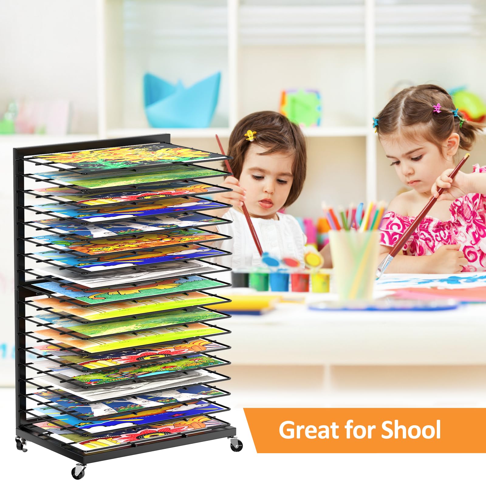 QKOSMTL Art Drying Rack for Painting, 18 Removable Shelves, Mobile Art Studio Display Rack, Sturdy Metal, Height 25.9", Shelves 11" x 16"