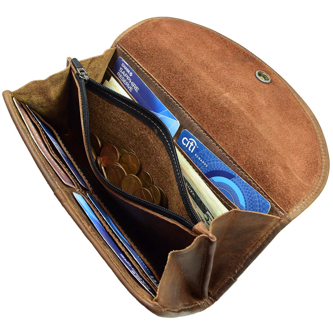 Hide & Drink, Snap Clutch Wallet for Women, Money Holder and Card Organizer with Zippered Pouch, Full Grain Leather, Handmade, Bourbon Brown