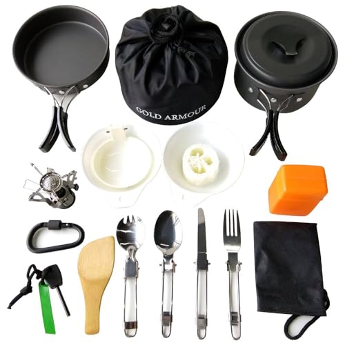 Gold Armour 17 Pieces Camping Cookware Mess Kit Backpacking Hiking Outdoors Gear - Lightweight Cookset, Compact, Durable Pot Pan Bowls, Essential Camping Accessories Equipment Gear (Black)