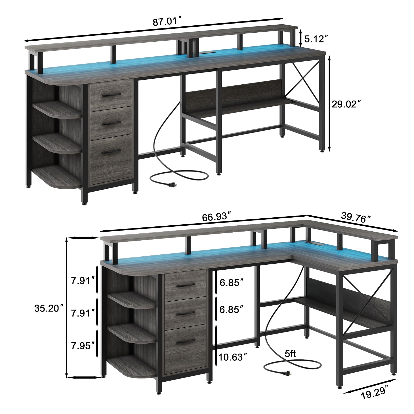 Vabches 67" L Shaped Computer Desk with LED Lights and Power Outlets, Reversible L Shaped Gaming Desk with 3 Drawers Hutch Monitor Stand, Home Office Desk with USB Port
