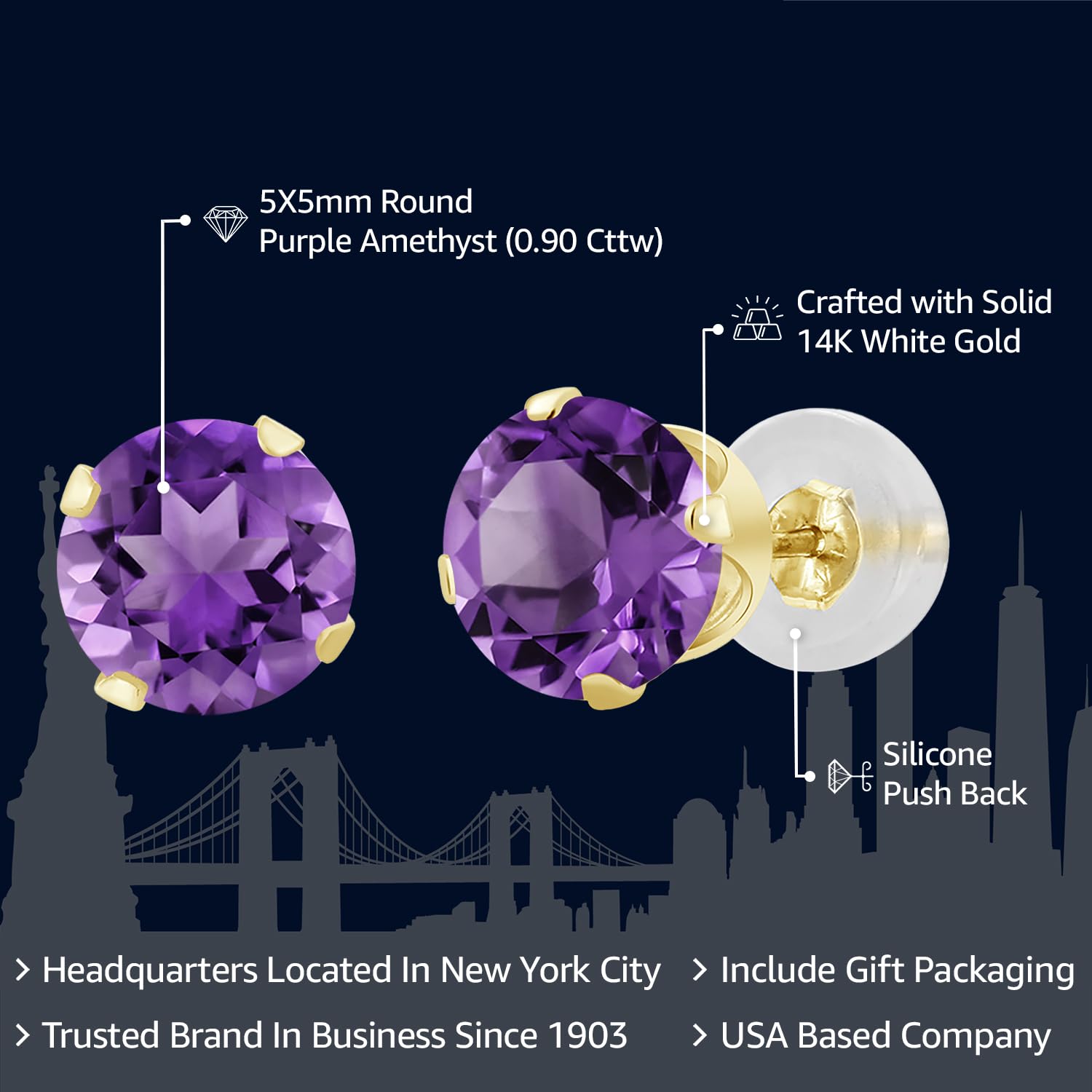 Gem Stone King 14K Yellow Gold Purple Amethyst Stud Earrings | 0.90 Cttw | Gemstone Birthstone | Round 5MM | Gold Earrings For Women