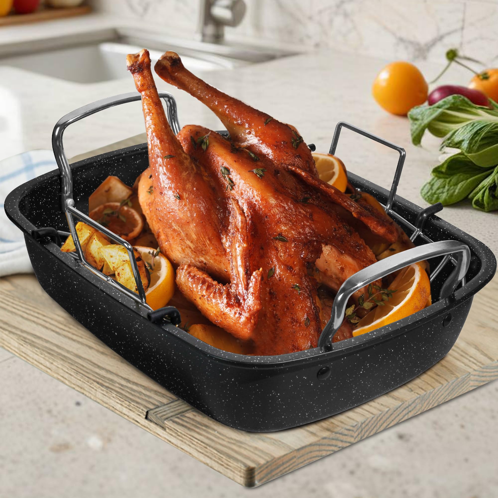 RavisingRidge Roasting Pan with Rack, 17 x 13 Inch Nonstick Turkey Roaster with Steel Handles β Ideal for Ovens, Lasagna, Meat & Vegetables, Perfect for Thanksgiving & Christmas (Black)