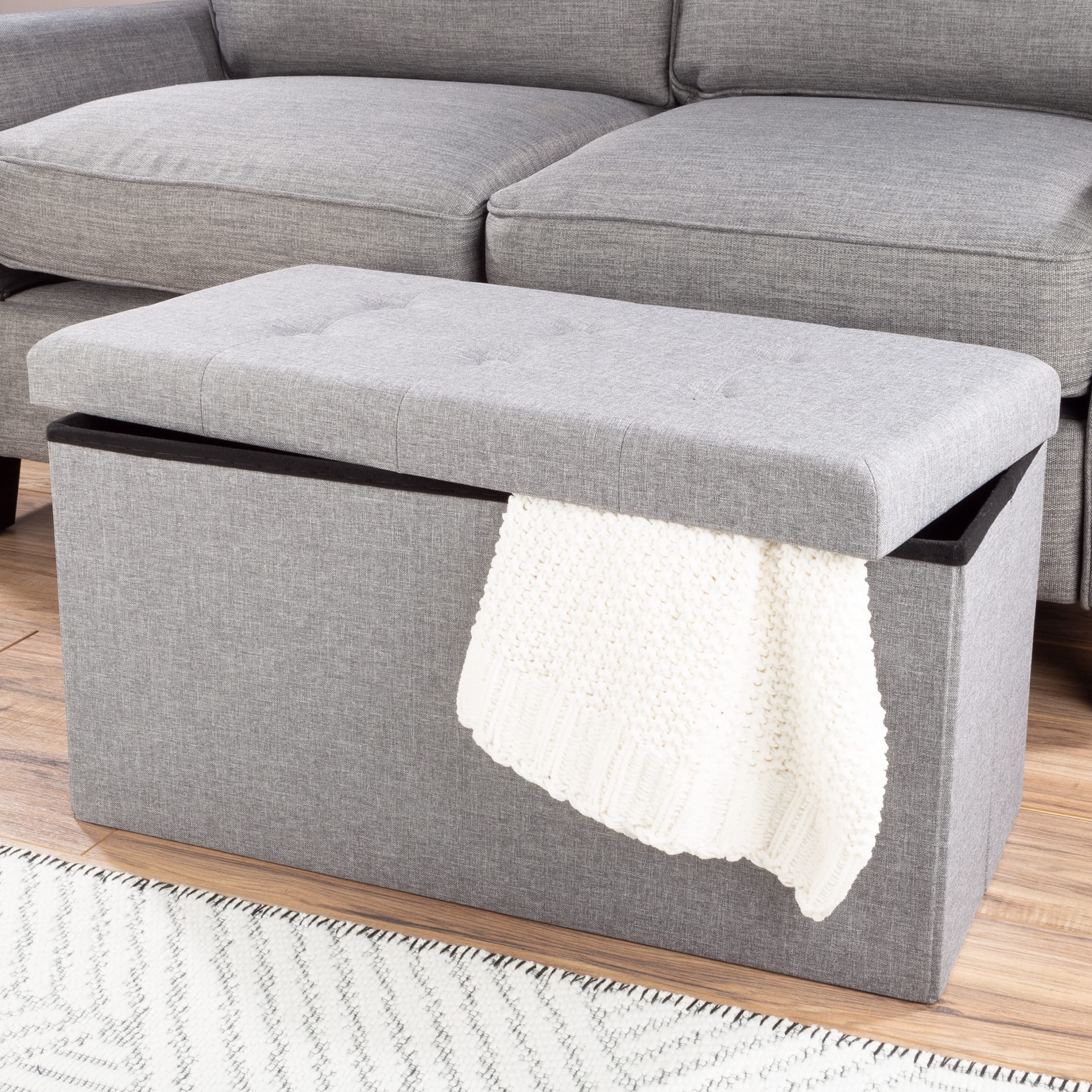 Folding Storage Ottoman - 30-Inch Tufted Footrest, Linen Chest, or Bench with Removable Bin for Living Room, Bedroom, or Dorm by Lavish Home (Gray)