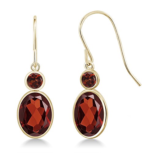 Gem Stone King 14K Yellow Gold Red Garnet Hook French Fish Ear Wire Dangle Earrings For Women (3.04 Cttw, Gemstone January Birthstone, Oval 8X6MM, Round 3MM)