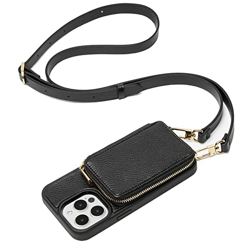 ZVE iPhone 14 Pro Crossbody Wallet Case, Card Holder Zipper Phone Case with Wrist Strap, RFID Blocking Leather Purse Gift for Women Compatible with iPhone 14 Pro, 6.1 inch, 2022-Black