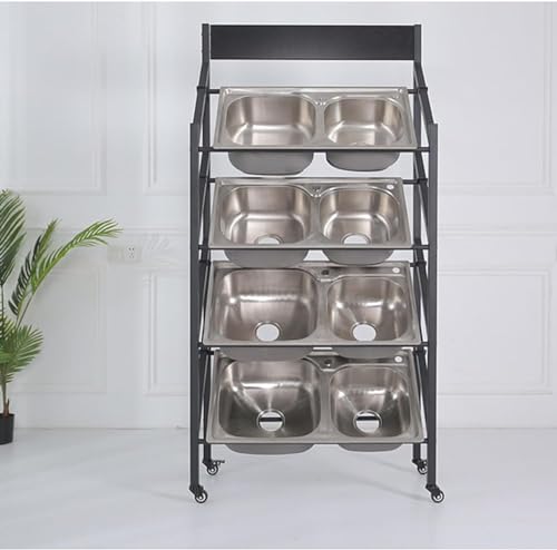 RKUVPAE Washing Hand Basin Display Rack, Free Standing Commercial Kitchen Sink Sample Stand, Utility Double Slot Sink Storage Shelves with Wheels for Home