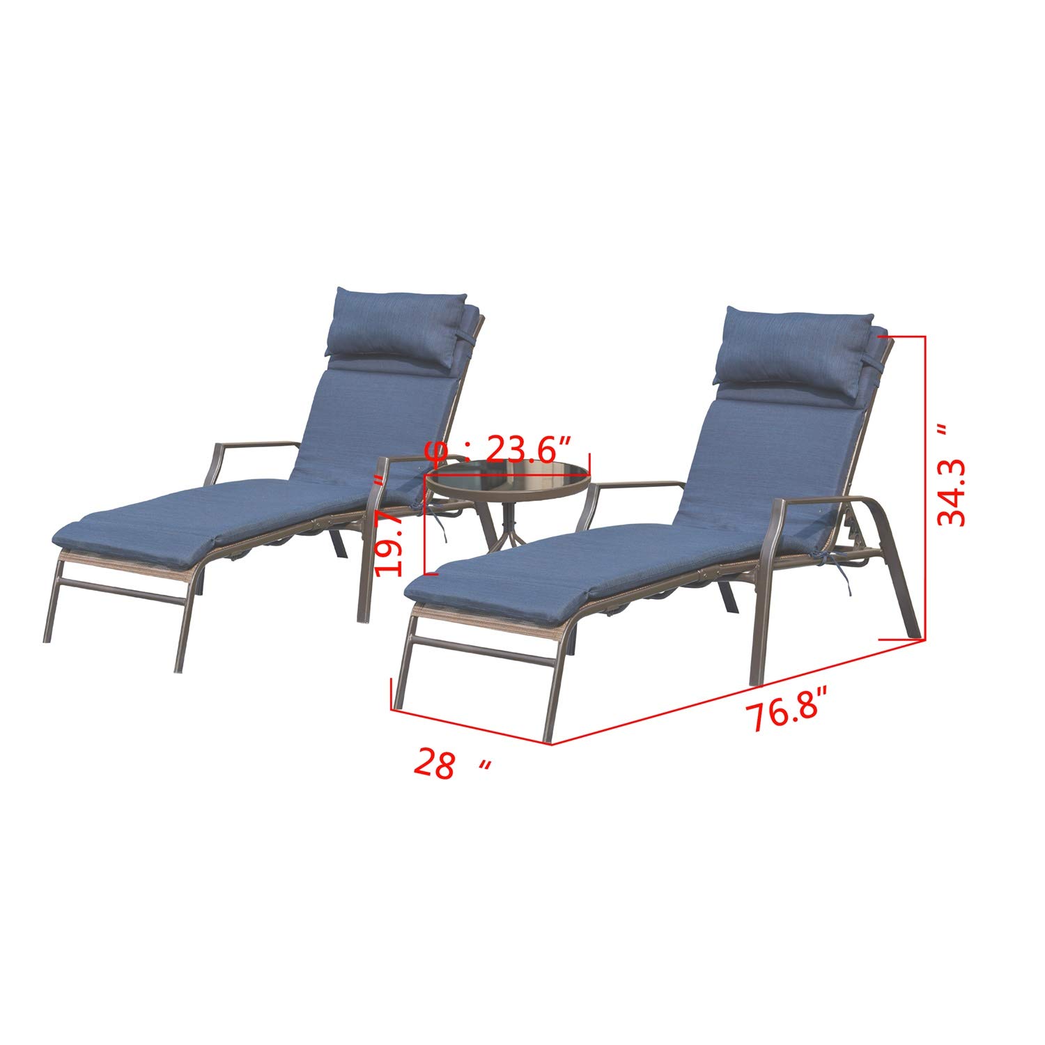 Top Space Patio Lounge Chair Outdoor Chaise Chairs Portable Adjustable Metal Leisure Recliner with Folding Table 3 Pieces for Camping Beach Yard Pool (Light Green)