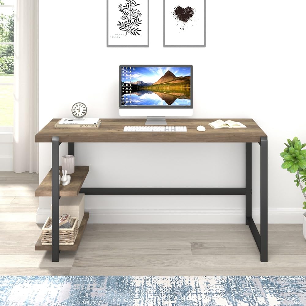 FOLUBAN Computer Desk, Home Office Desk with 2 Storage Shelves on Left or Right, Modern Study Writing Table, Oak 55 inch